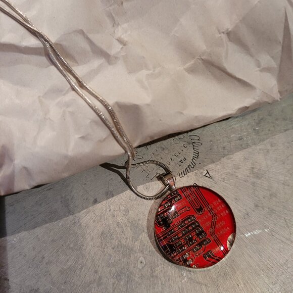 Jewelry | Circuit Board Necklace Red Circlesilver Frame | Poshmark